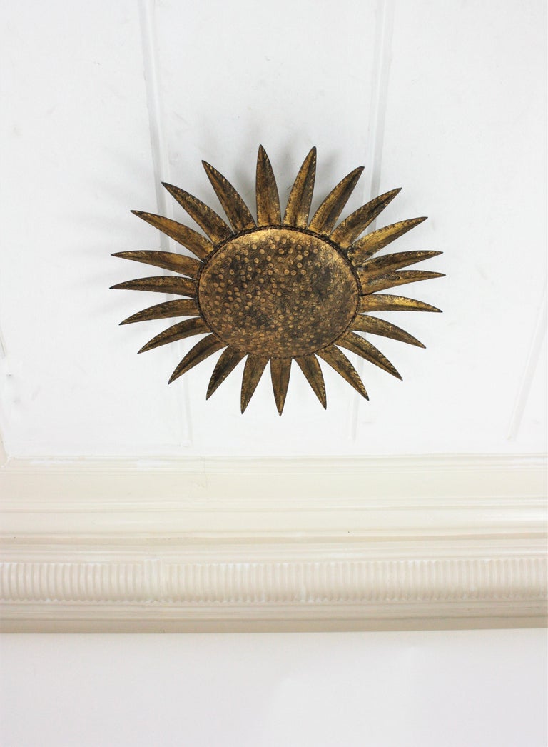 Sunburst Light Fixture in Gilt Iron by Ferro Art, 1950s at 1stDibs