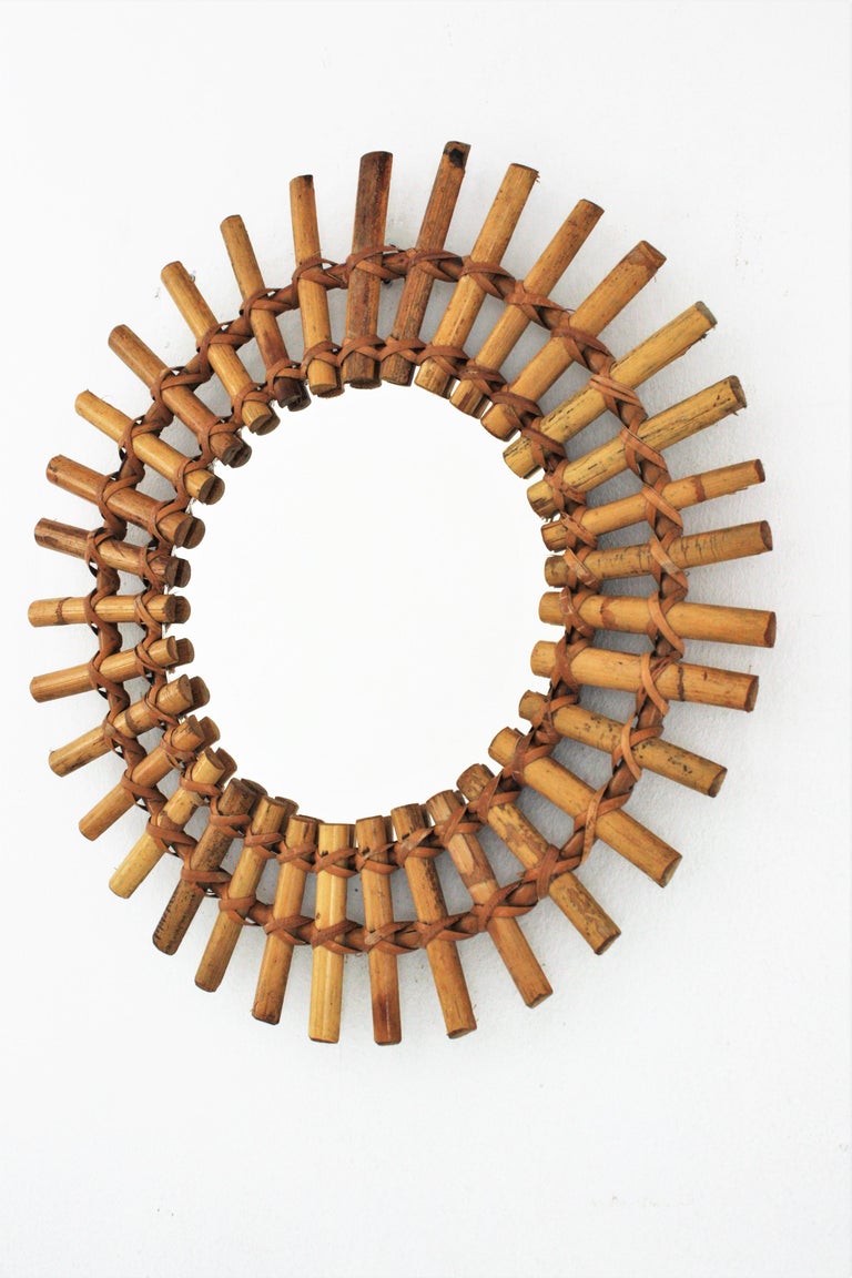 Sunburst Mirror in Rattan and Bamboo, France, 1950s For Sale at 1stDibs