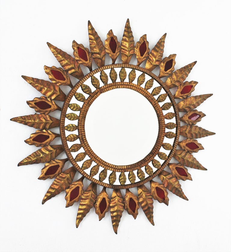 Sunburst Mirror with Red Glass Details in Gilt Iron, Hollywood Regency ...