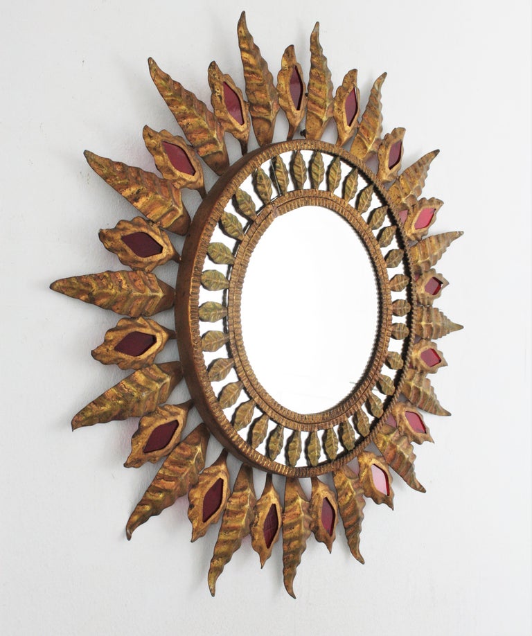 Sunburst Mirror with Red Glass Details in Gilt Iron, Hollywood Regency ...