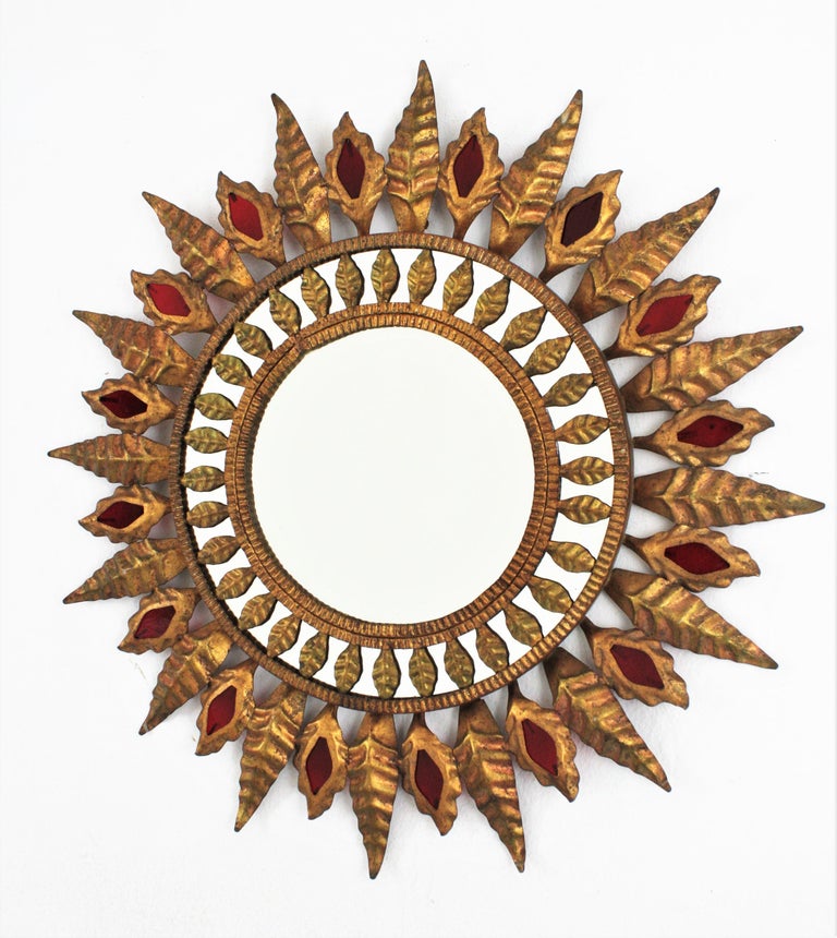 Sunburst Mirror with Red Glass Details in Gilt Iron, Hollywood Regency ...