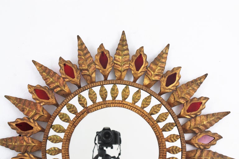 Sunburst Mirror with Red Glass Details in Gilt Iron, Hollywood Regency ...