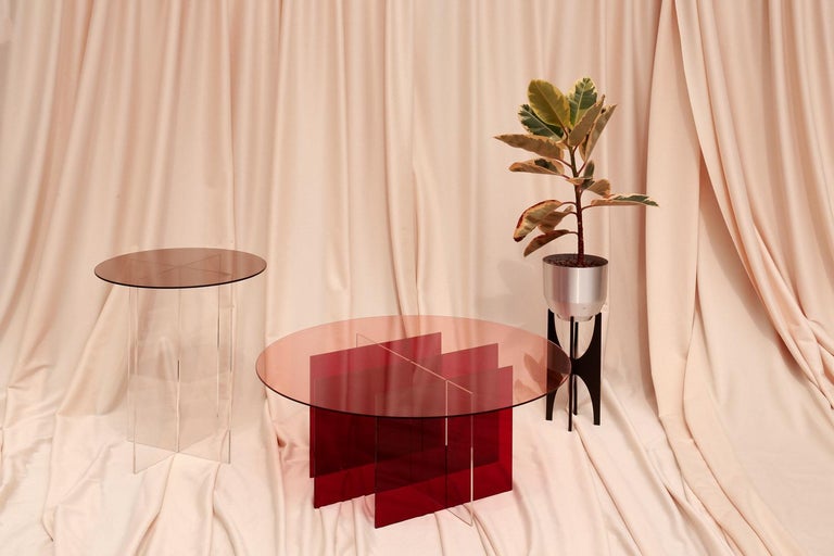 Sundial Coffee Table, Smoked Glass / Ruby and Clear Acrylic Base For ...
