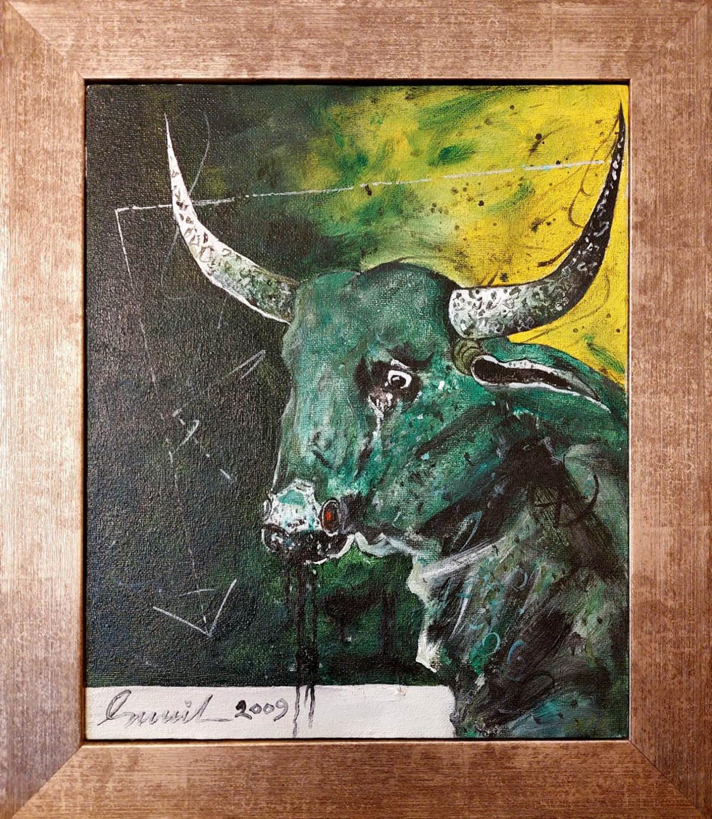 Sunil Das - Collage based Drawings, Bull, Mixed Media on Board, Red ...