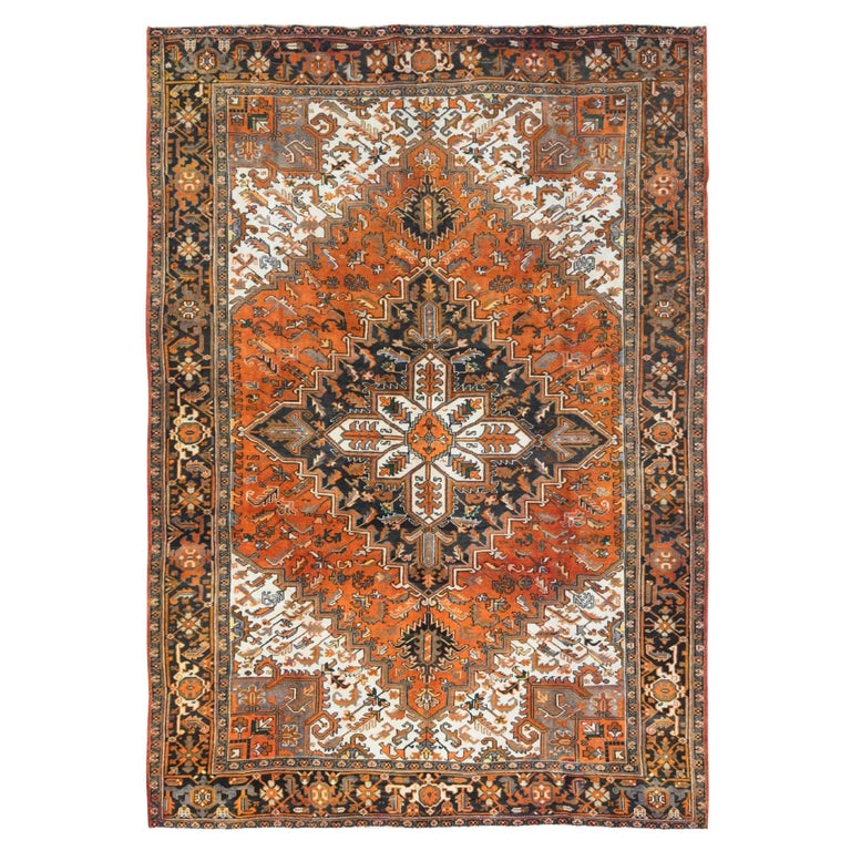 Sunset Colors Hand Knotted Vintage Persian Heriz Distressed Feel Worn ...