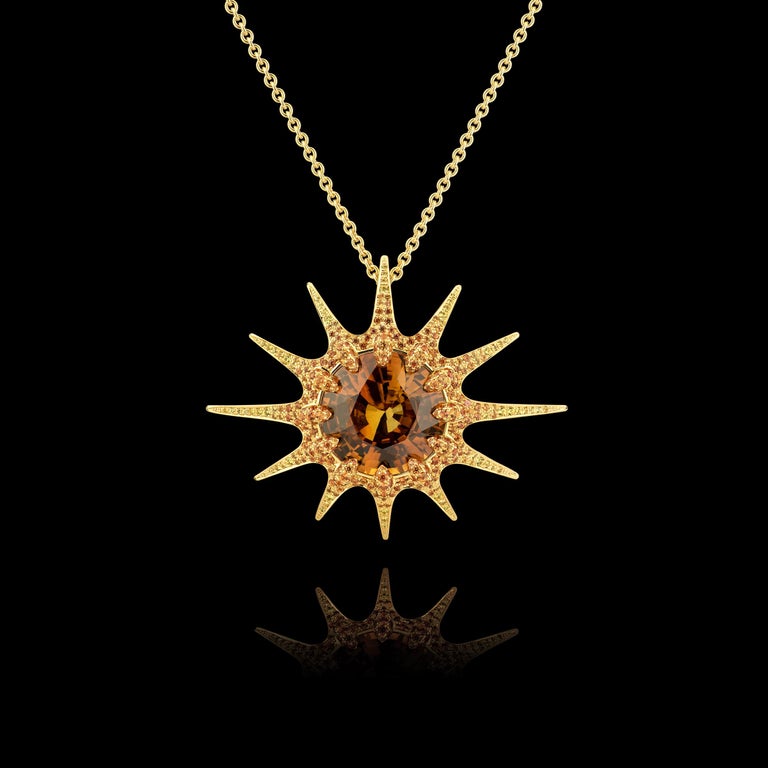 Sun Pendant Natural Zircon 27, 48 Ct, 18k Yellow Gold, 309 Sapphires Ca ...