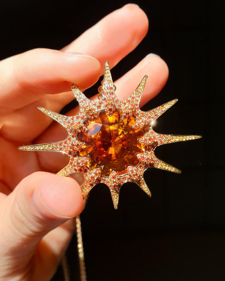 Sun Pendant Natural Zircon 27, 48 Ct, 18k Yellow Gold, 309 Sapphires Ca ...