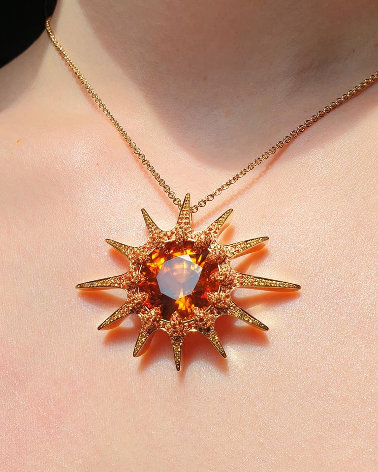 Sun Pendant Natural Zircon 27, 48 Ct, 18k Yellow Gold, 309 Sapphires Ca ...