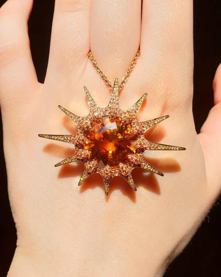 Sun Pendant Natural Zircon 27, 48 Ct, 18k Yellow Gold, 309 Sapphires Ca ...