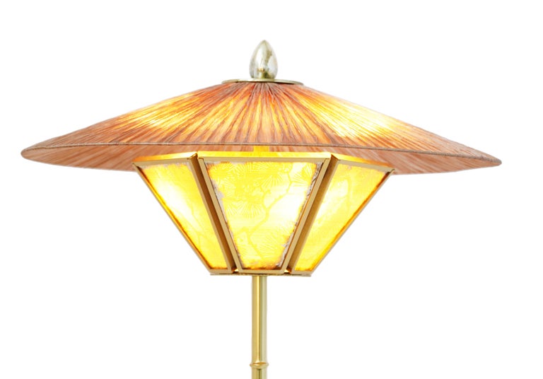 “Sunshine” Contemporary Floor Lamp 60, Kyoto Washi, Raffia, Bamboo Brass Stem For Sale at 1stDibs