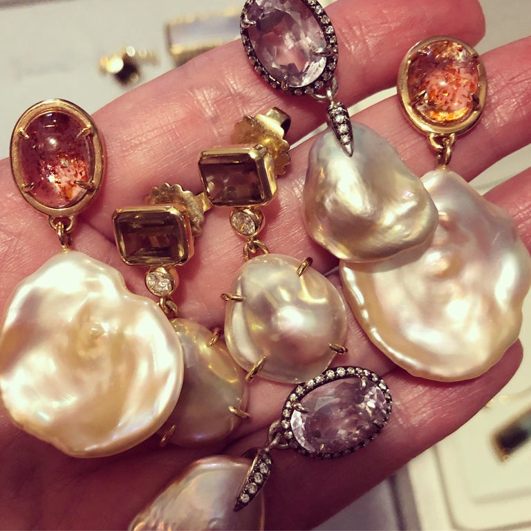 Sunstone and Baroque Coin Pearl Drop Earrings Set in Rose Gold For Sale ...