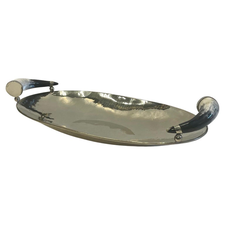 Super Chic Large Hammered Silver Plate Oblong Platter with Horn Handles ...