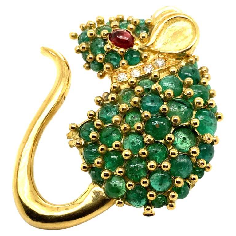 Super Cute Emerald, Diamond, and Garnet Mouse in 18 Karat Yellow Gold ...