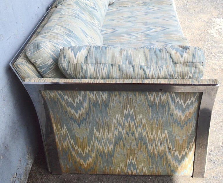 Super Long Chrome Frame Sectional Box Sofa Attributed to Baughman at ...
