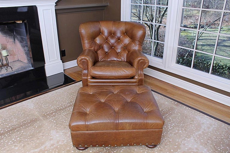 Super Luxe Ralph Lauren Tufted Leather Writer's Club Chair and Ottoman ...