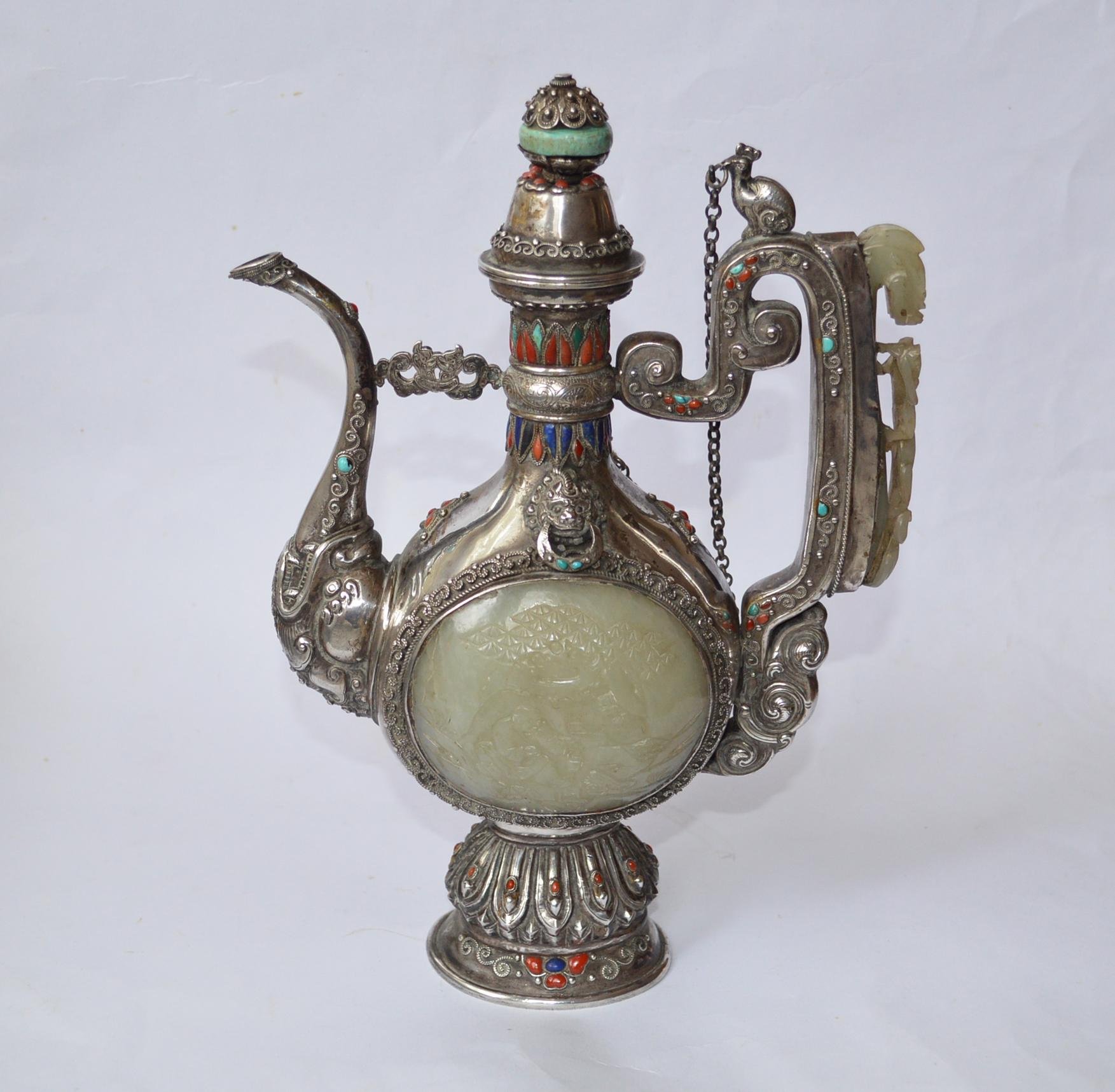 Superb Antique Tibetan Mongolian Silver Jade Ewer Asian Chinese ...