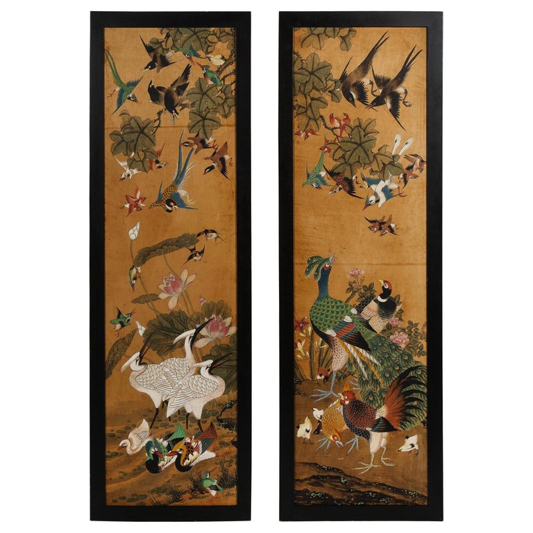 Superb Pair of Hand Painted Chinese Rice Paper Panels For Sale at 1stDibs