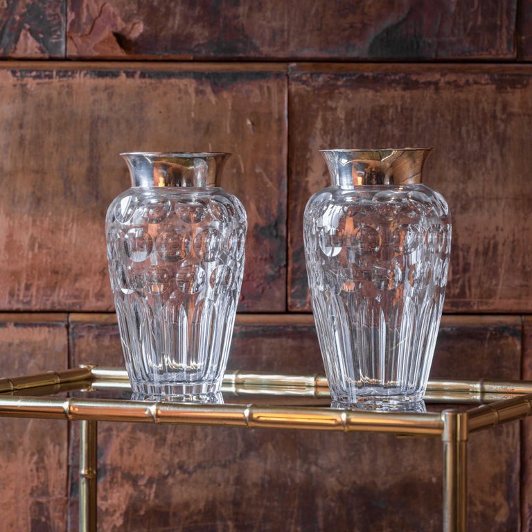 Superb Pair of Large Cut Glass Vases with Silver Collars, circa 1960s ...