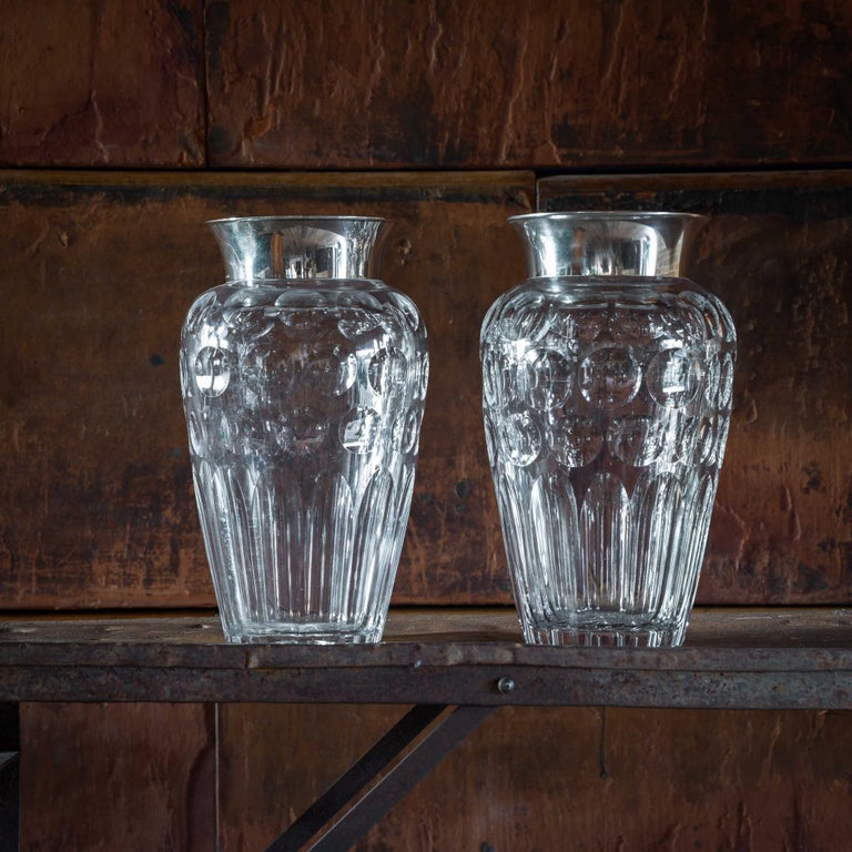Superb Pair of Large Cut Glass Vases with Silver Collars, circa 1960s ...