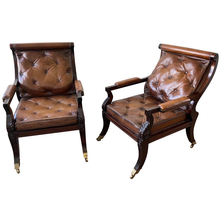 Superb Pair of Regency Style Mahogany and Leather Library Chairs, after ...