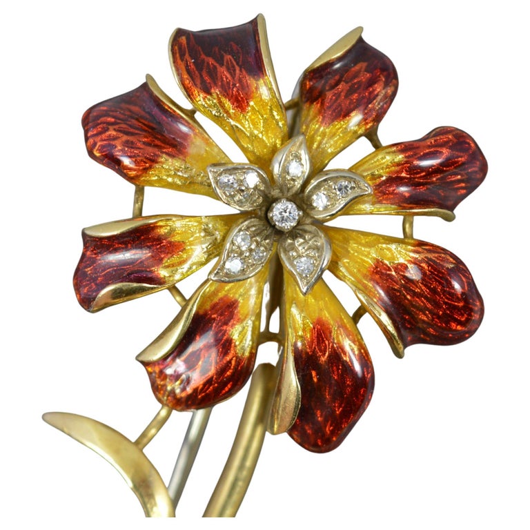 Superb Quality 18 Carat Gold Diamond and Enamel Flower Brooch For Sale ...