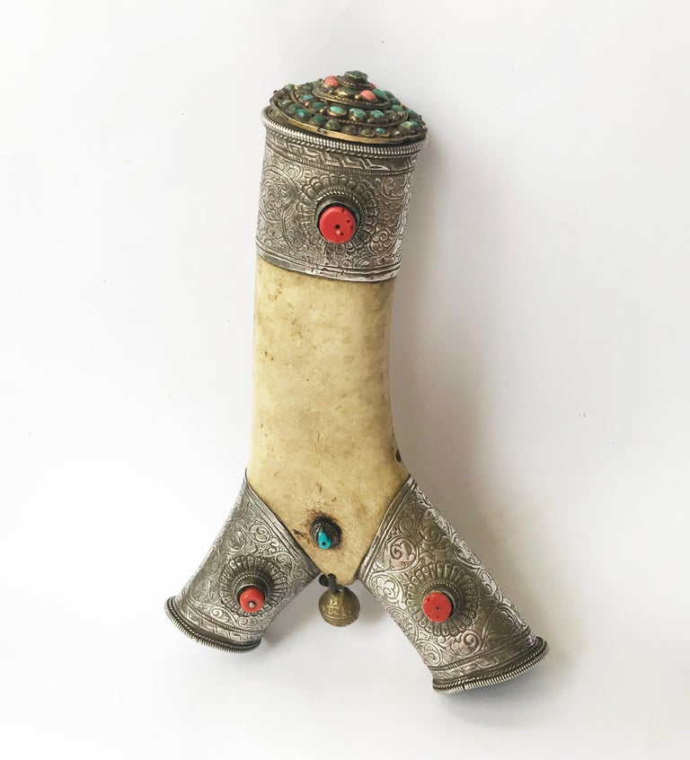 Superb Rare Antique Tibetan Stag Antler Silver Gunpowder Vessel at 1stDibs