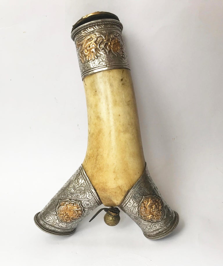 Superb Rare Antique Tibetan Stag Antler Silver Gunpowder Vessel at 1stDibs