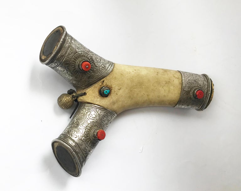 Superb Rare Antique Tibetan Stag Antler Silver Gunpowder Vessel at 1stDibs