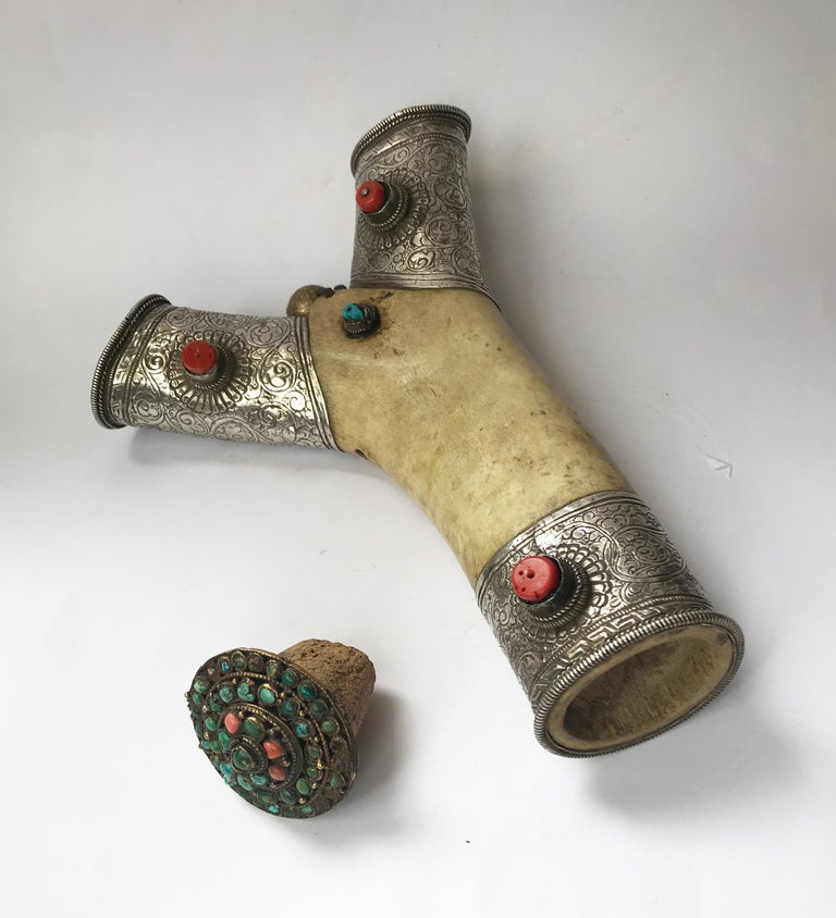 Superb Rare Antique Tibetan Stag Antler Silver Gunpowder Vessel For ...