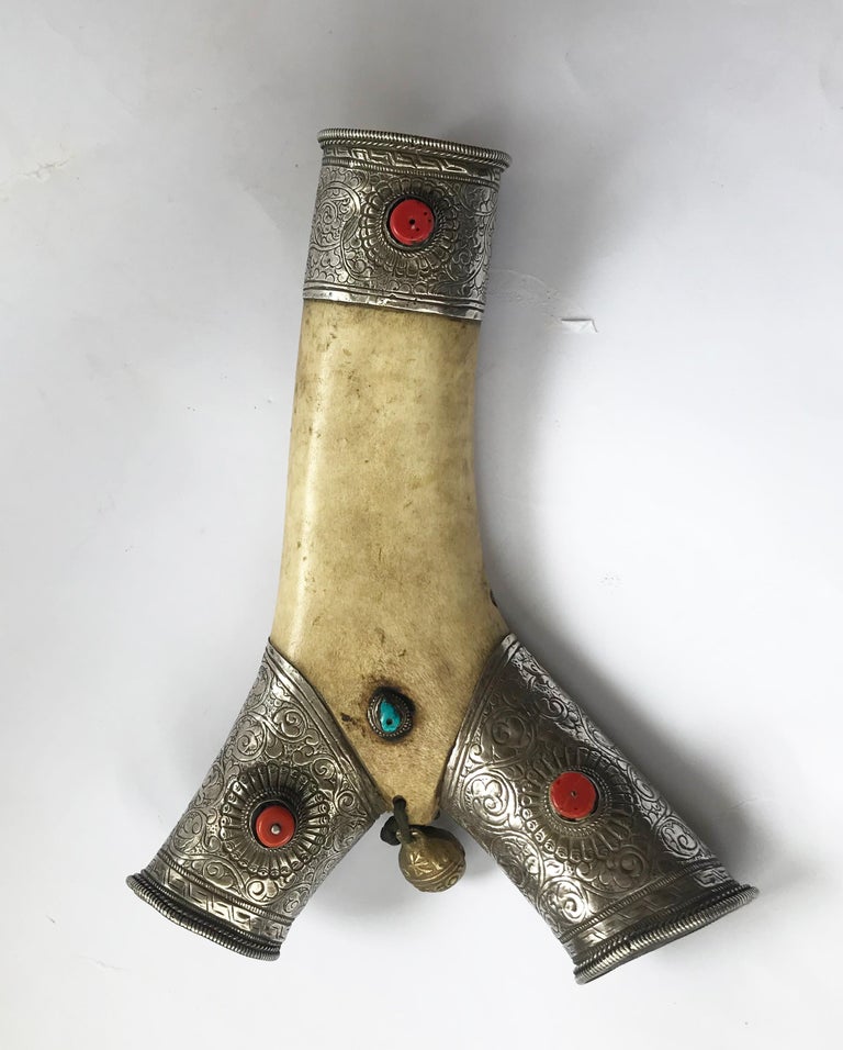 Superb Rare Antique Tibetan Stag Antler Silver Gunpowder Vessel at 1stDibs