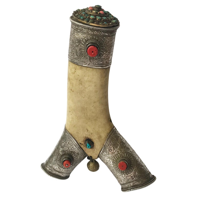 Superb Rare Antique Tibetan Stag Antler Silver Gunpowder Vessel at 1stDibs