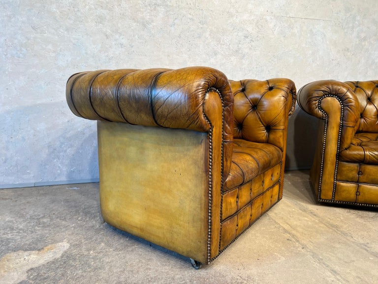 Superb Vintage Tan Pair of Fully Buttoned Leather Chesterfield ...