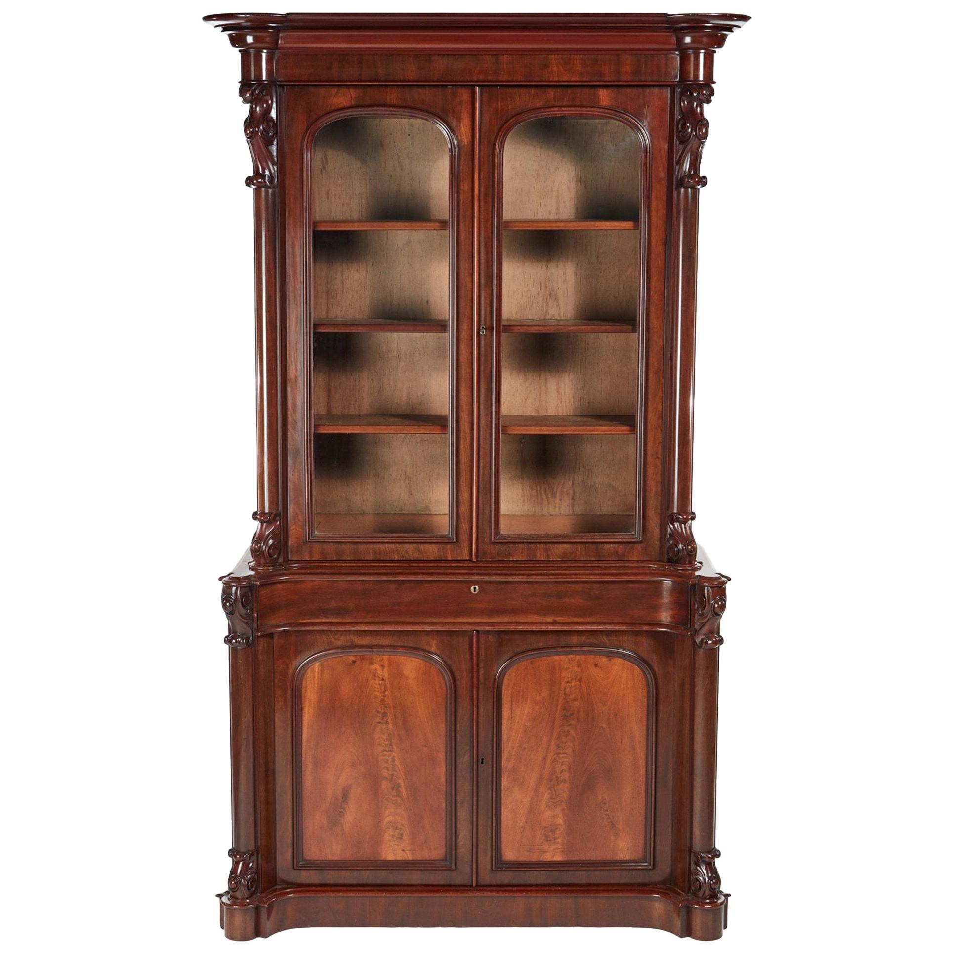 Antique Victorian Flame Mahogany Bookcase, circa 1850 at 1stDibs