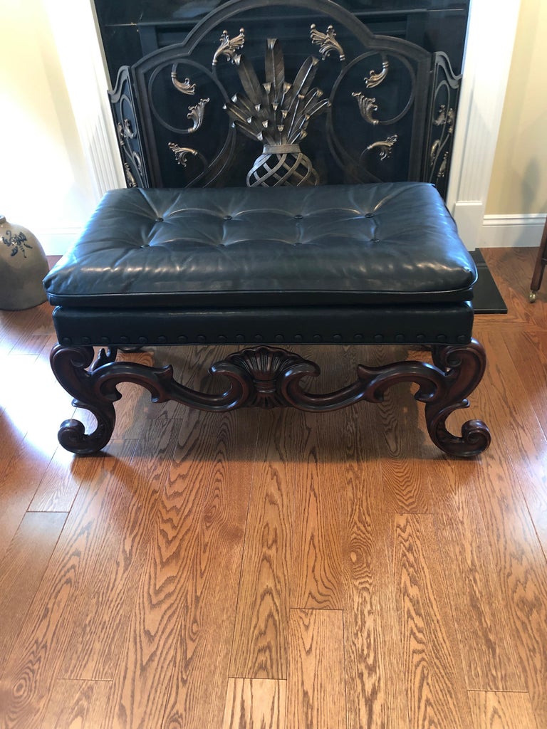 Baker Furniture Blue Leather Bench with Scrolly Shell Motif Mahogany ...