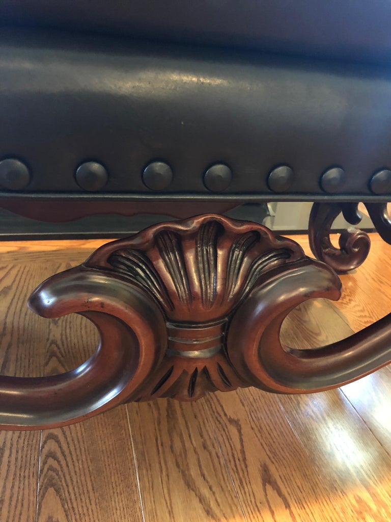 Baker Furniture Blue Leather Bench with Scrolly Shell Motif Mahogany ...