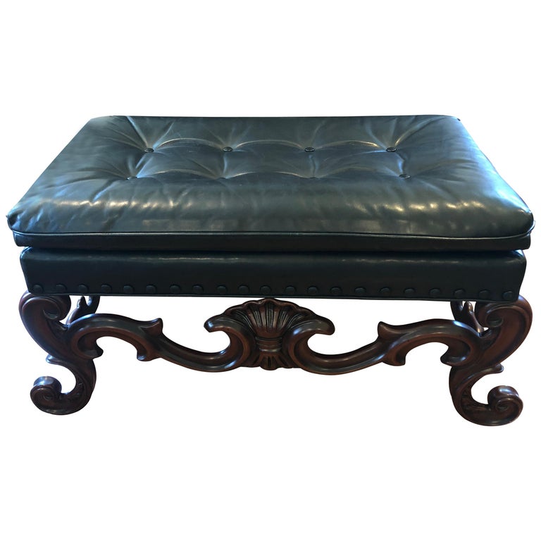 Baker Furniture Blue Leather Bench with Scrolly Shell Motif Mahogany ...