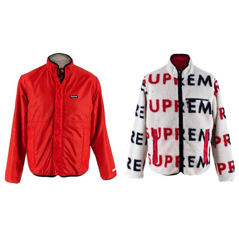Supreme Cream/Red Fleece Logo Reversible Jacket - Size M at 1stDibs