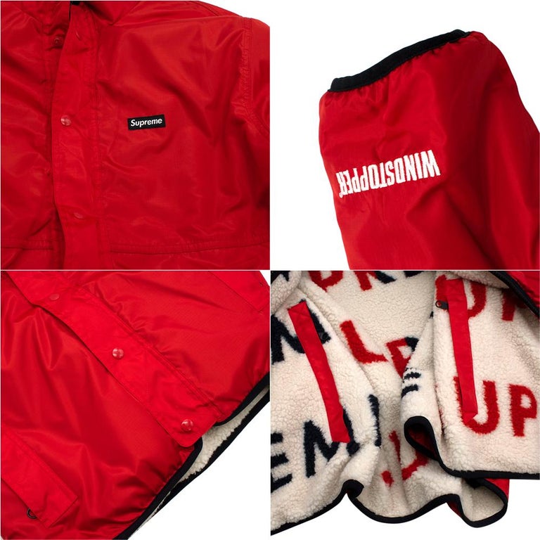 Supreme Cream/Red Fleece Logo Reversible Jacket - Size M at 1stDibs