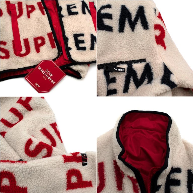 Supreme Cream/Red Fleece Logo Reversible Jacket - Size M at 1stDibs