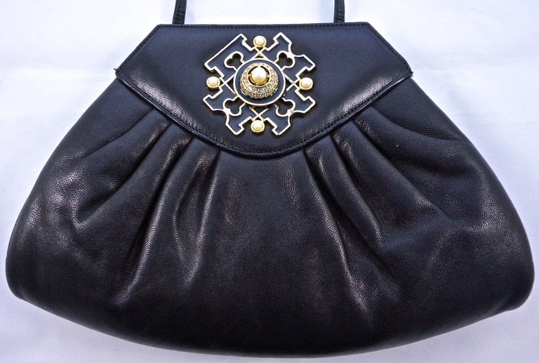 Susan Gail Black Leather Shoulder Bag with Rhinestones Faux Pearls and ...