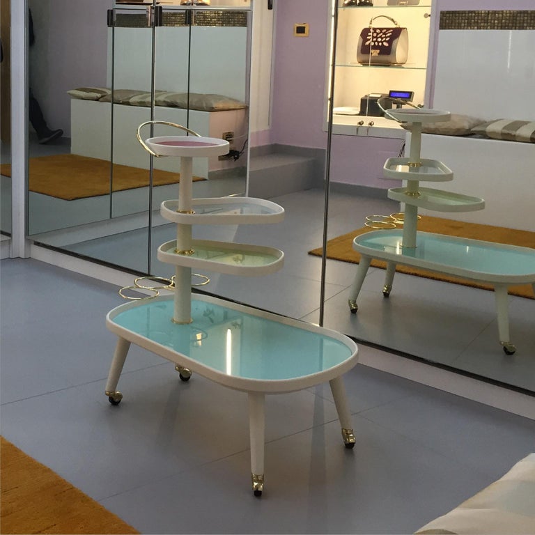 Sushi Kart Trolley Black with red yellow, beige, green shelves, golden ...