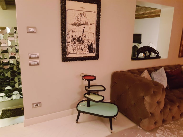 Sushi Kart Trolley Black with red yellow, beige, green shelves, golden ...