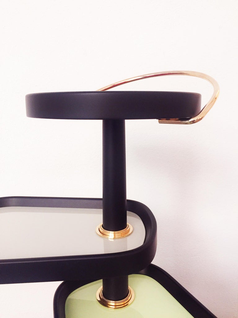 Sushi Kart Trolley Black with red yellow, beige, green shelves, golden ...