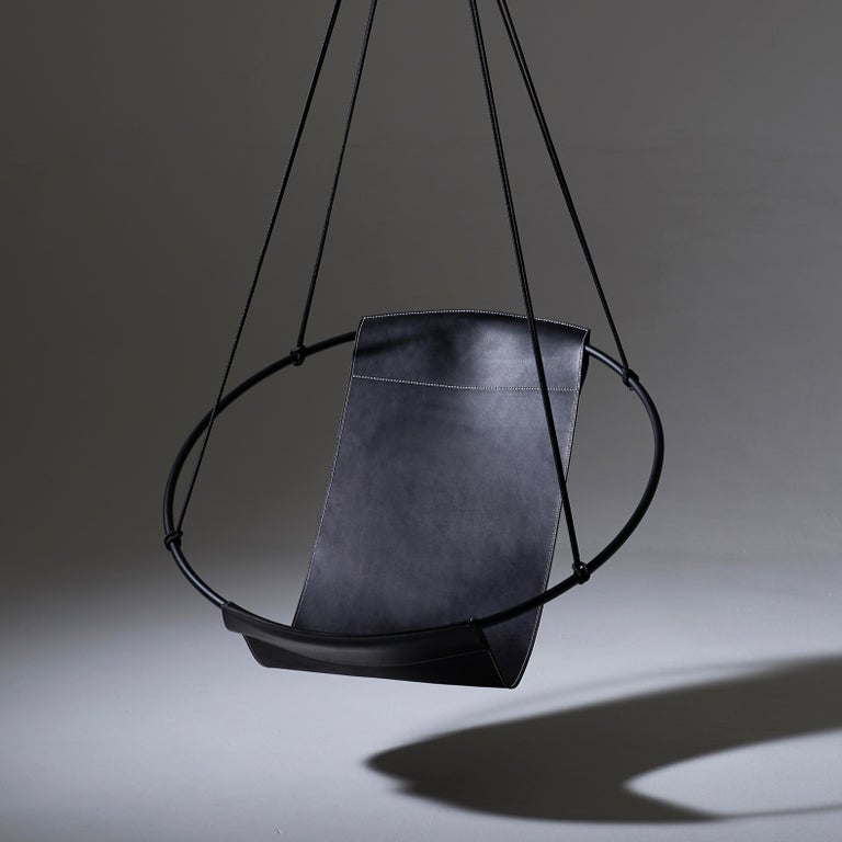 Suspended Seating, Modern Thick Leather Sling Chair in Black For Sale ...