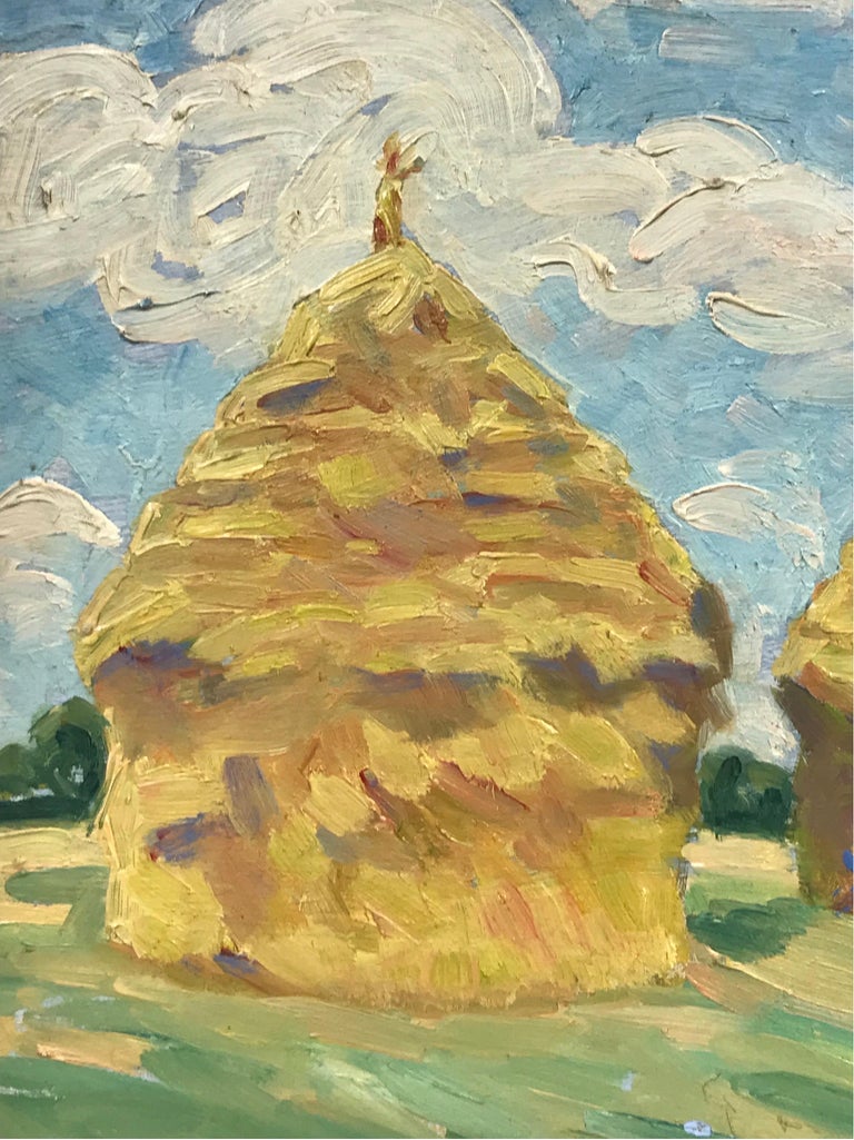 Suzanne Crochet - Haystacks in Field, 1930's French Impressionist Oil Painting For Sale at 1stDibs