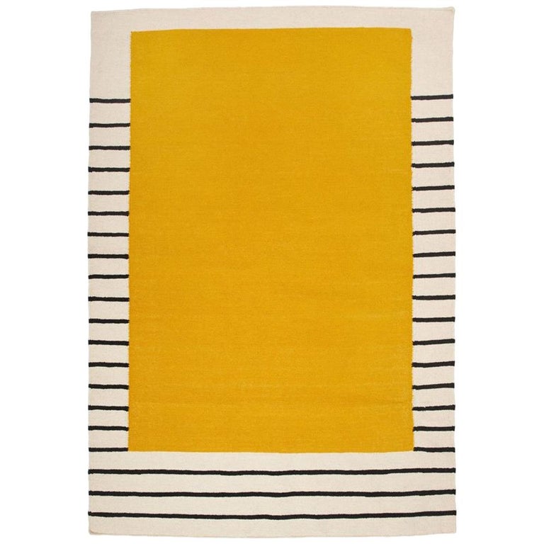Suzanne Yellow Flat-Woven Dhurrie Rug Black and White Stripe at 1stDibs