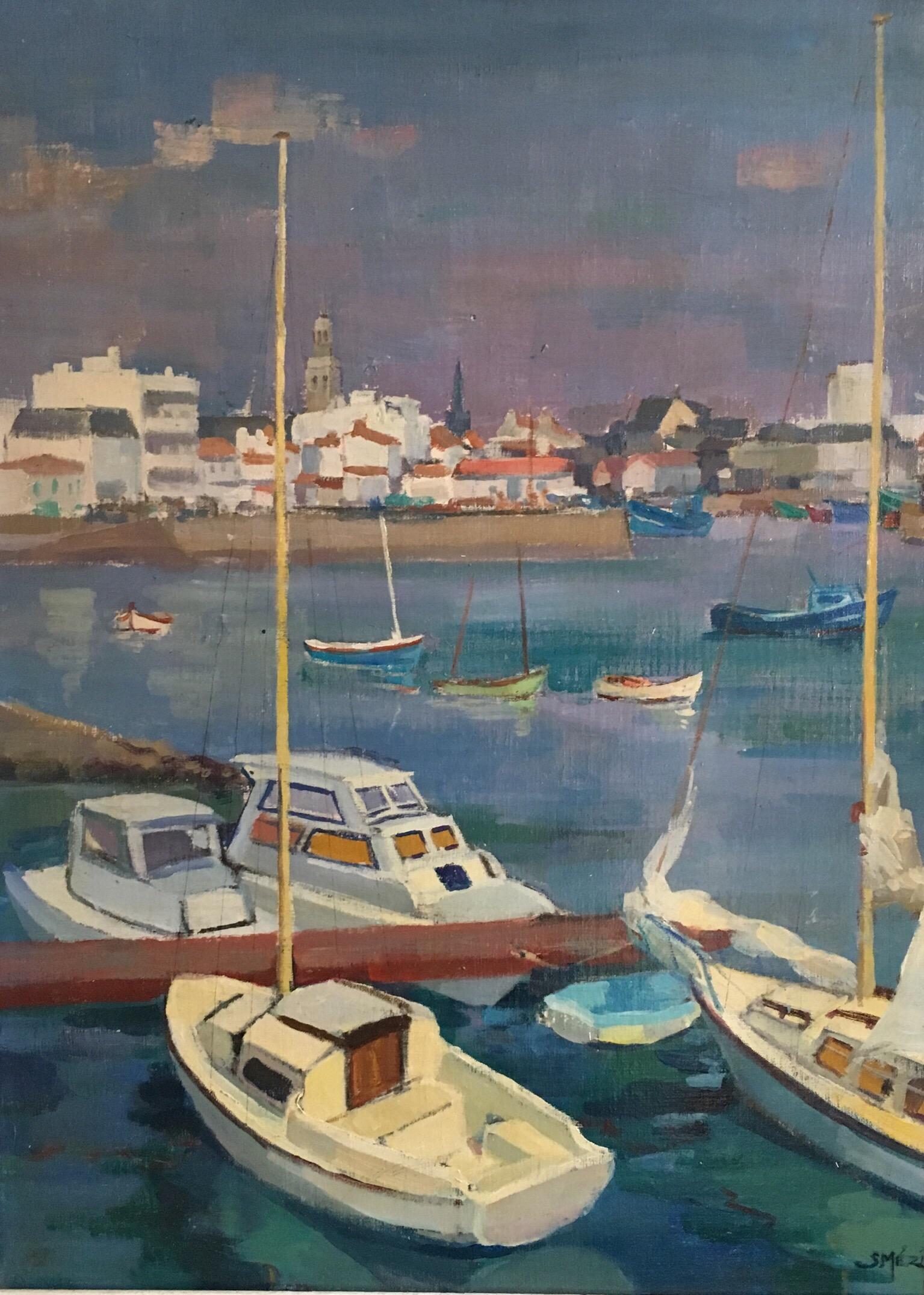 Suzette Mezie - Provencal Fishing Town, Oil Painting, Signed at 1stDibs