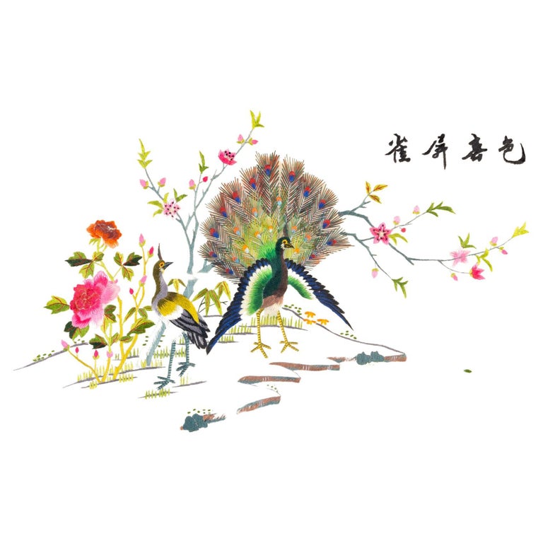 Suzhou Chinese Silk Mid Century Framed Peacock and Flowers Embroidery ...