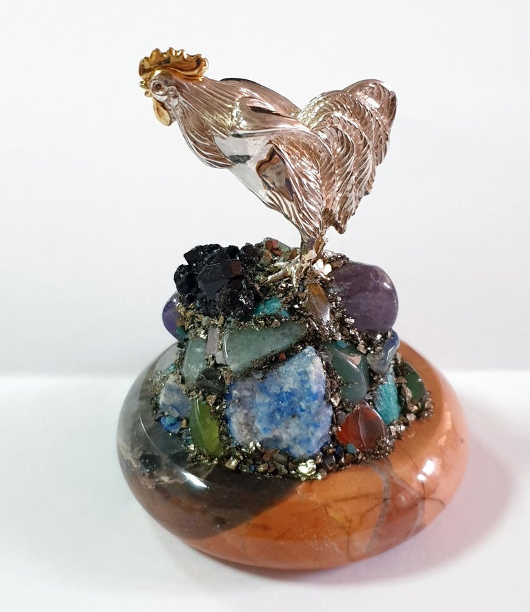 SV 925 Gold Plated Rooster Miniature on a Gem Mountain For Sale at 1stDibs