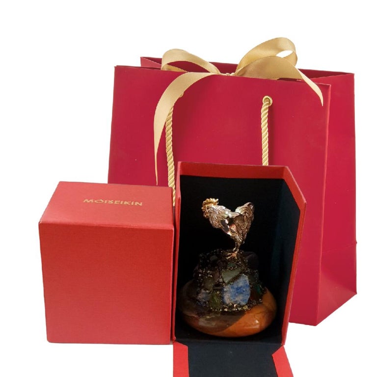 SV 925 Gold Plated Rooster Miniature on a Gem Mountain For Sale at 1stDibs